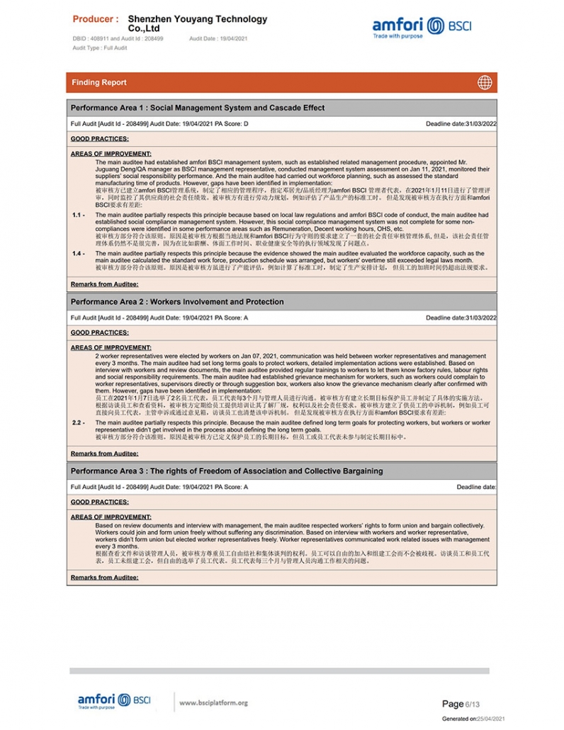 BSCI Audit Report Avaiable Now, Shenzhen Youyang Technology Co., Ltd.